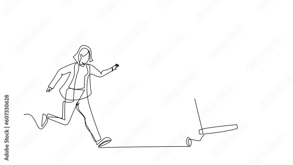 Self drawing animation of single line draw businesswoman run chasing ...