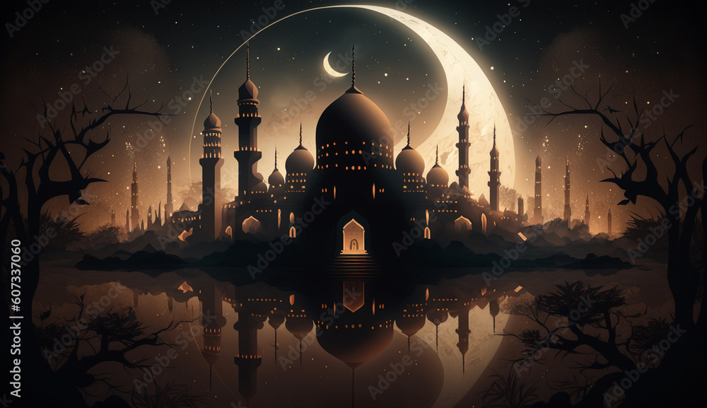 islamic background with moon lanterns and mosque for ramadan eid ul ...