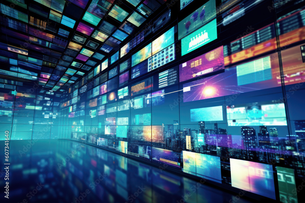 many screen displays displaying information and tv channels ...