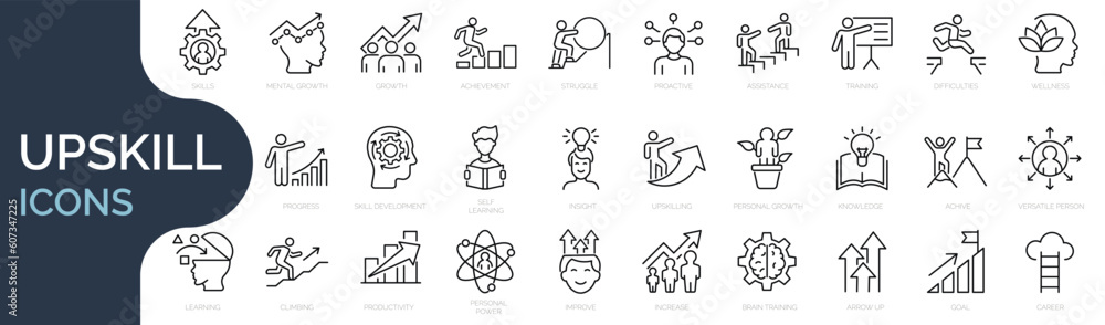 Set of line icons related to upskill, upskilling, personal growth, development, education ...