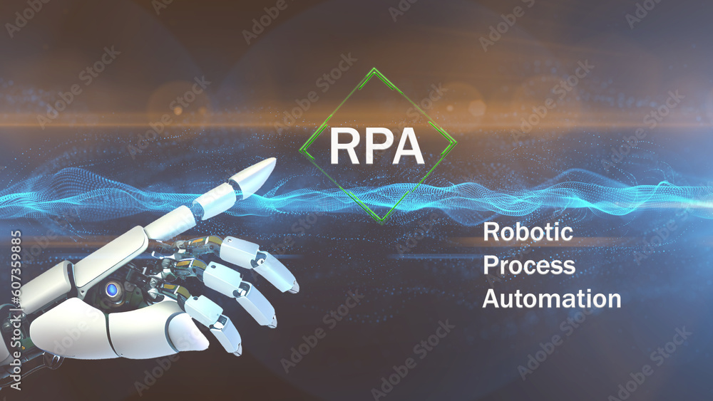 Foto de Robotic Process Automation system network concept. Robot arm ...
