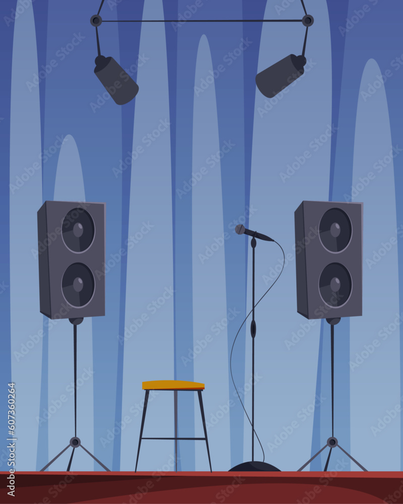 Music bar stage, vector scene in restaurant with chair, microphone and ...