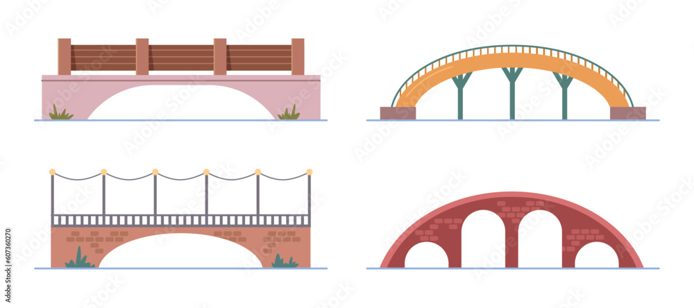 Flat vector set of different bridges park elements in flat cartoon ...