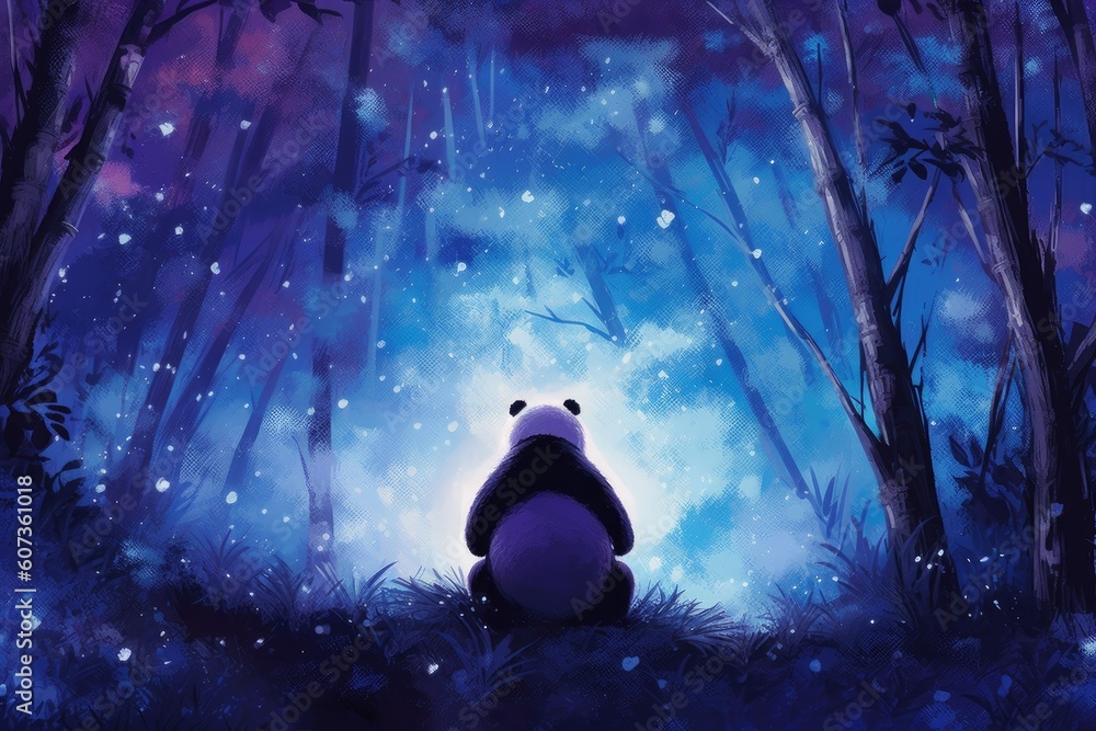 panda sitting under a starry night sky. dark blues and purples for the ...