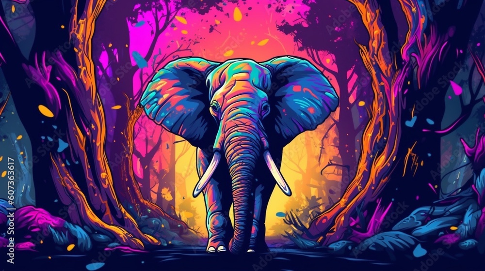 Psychedelic trippy Elephant cartoon 70s, rave style, acid color ...