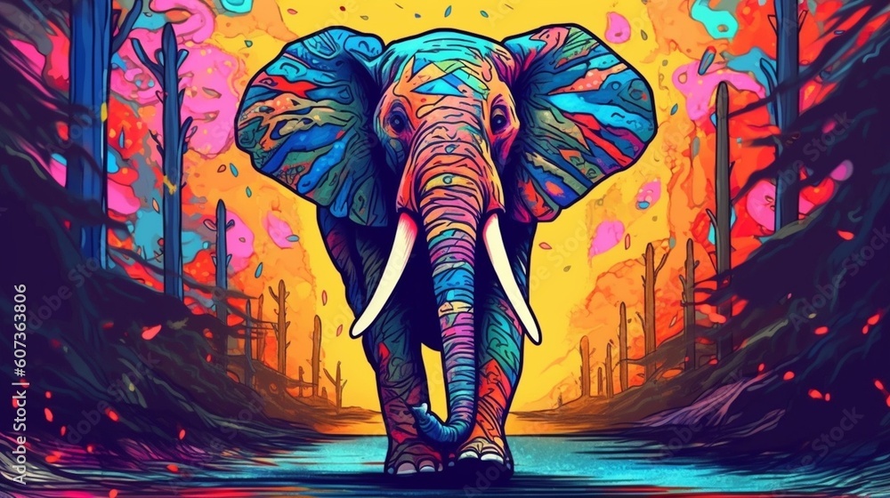 Psychedelic trippy Elephant cartoon 70s, rave style, acid color. Retrowave concept. AI ...