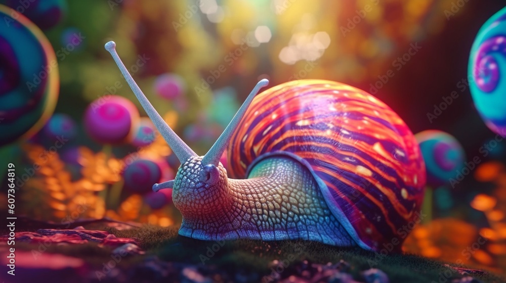 Psychedelic trippy snail cartoon 70s, rave style, acid color. Retrowave ...