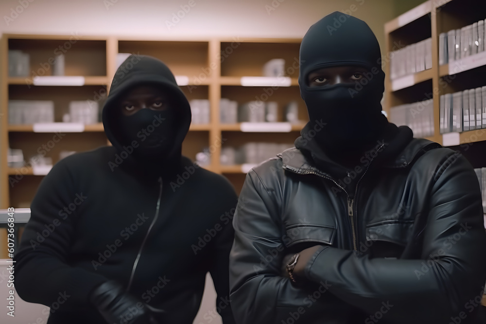 Bank robbery of the century. Criminal man in a hidden mask holding the ...