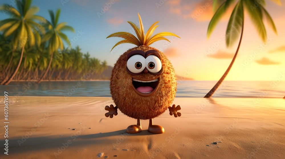Cute coconut on the beach at sunset 3d render illustration. Summer cute ...