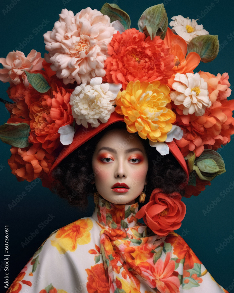 Floral spring concept of fresh spring vivid color flowers on the face ...