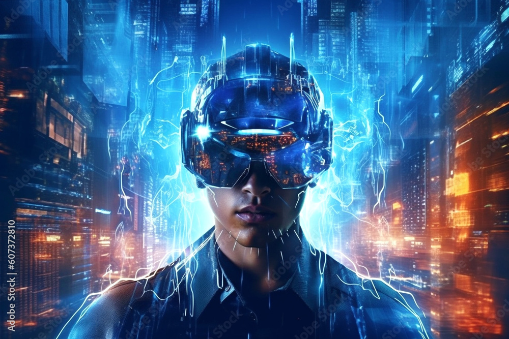 Metaverse with young man. Virtual world experience. Future concept ...