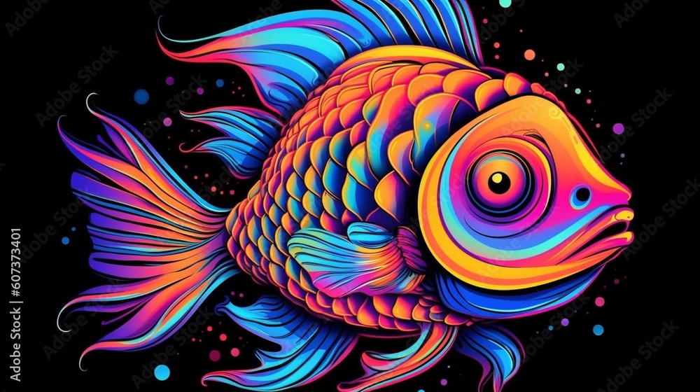 Psychedelic trippy fish cartoon 70s, rave style, acid color. Retrowave ...