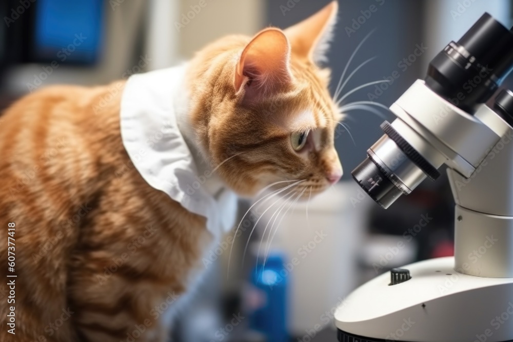 feline scientist using microscope to examine cells under the microscope ...