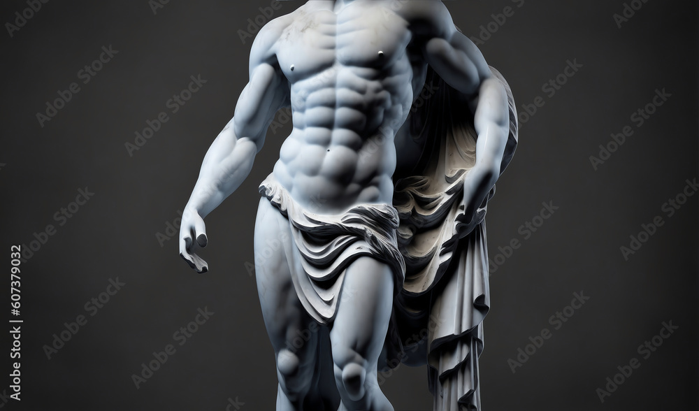 Marble statue of body of an ancient Greek god zeus on plain black ...