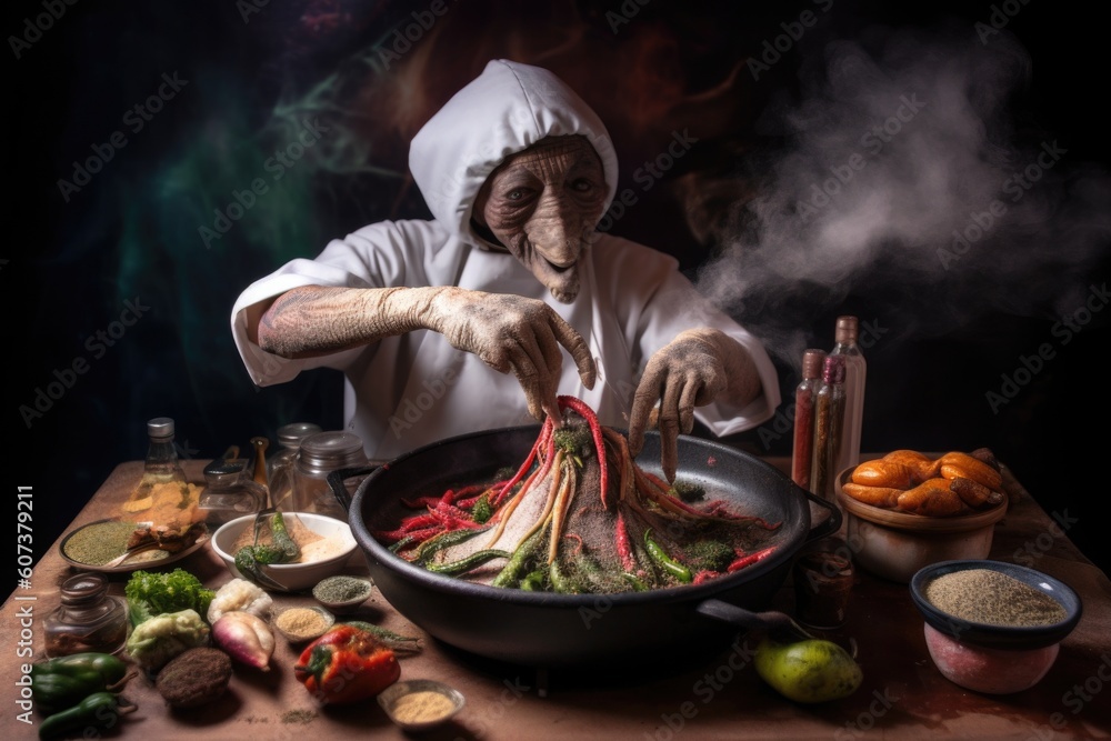 alien chef stirring hotpot of earthly ingredients and spices, created ...