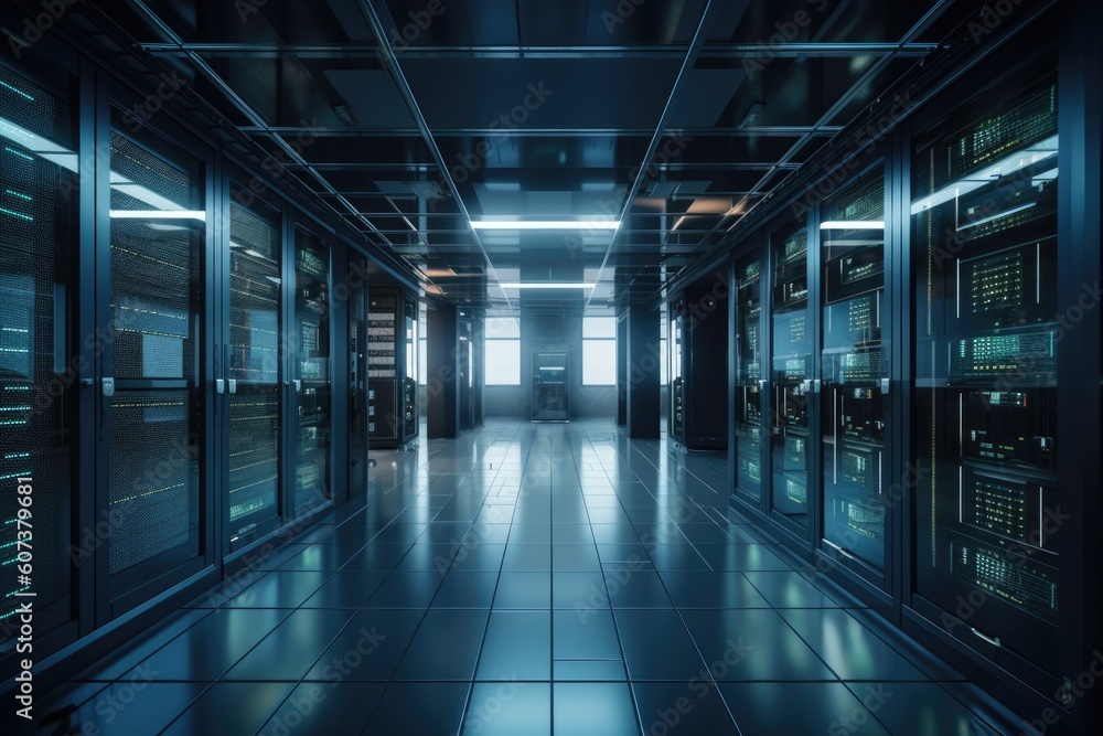 data center with sleek and futuristic interior, filled with advanced ...