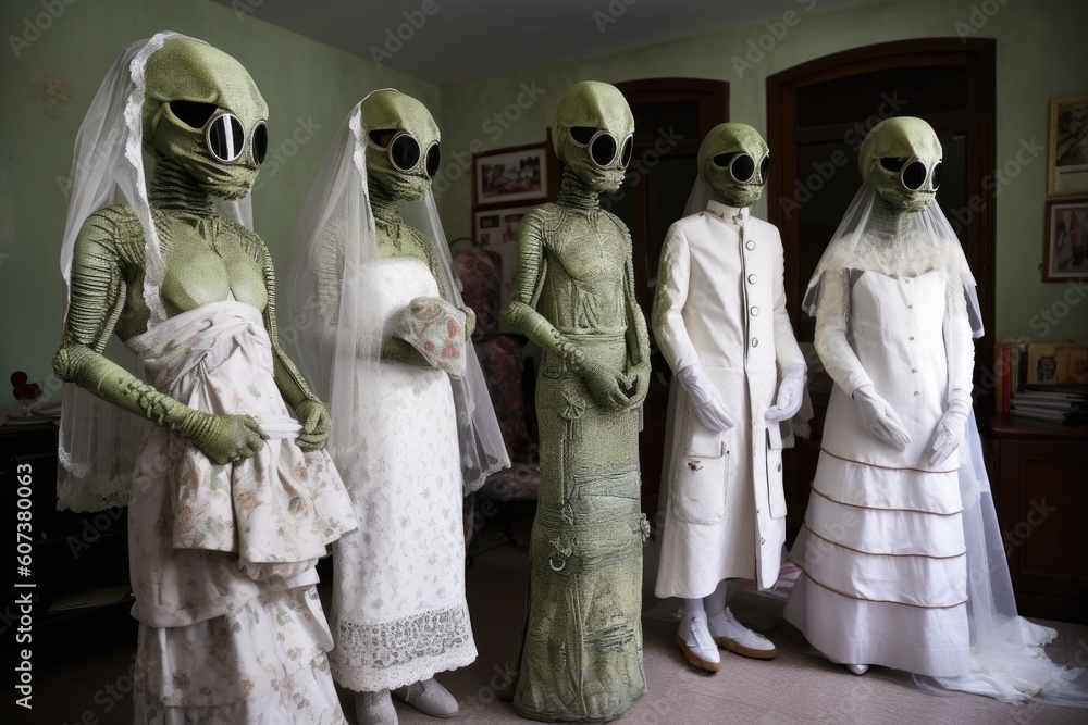 alien family getting ready for the big day, with each member putting on ...