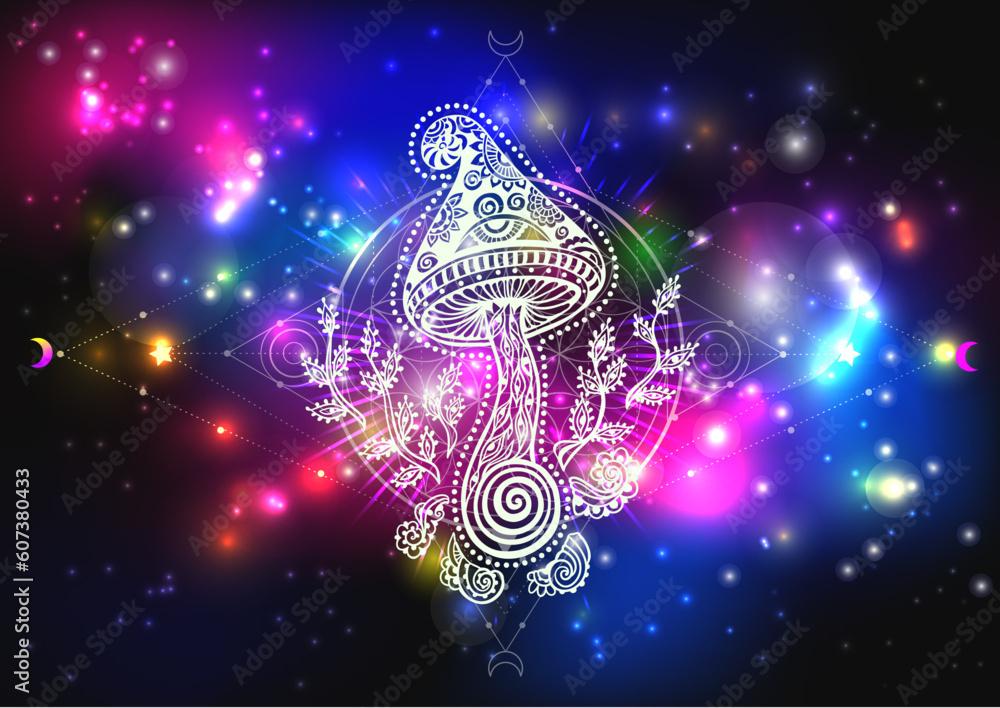 Magic Mushrooms. Psychedelic poster.Vector illustration. Zen boho art ...