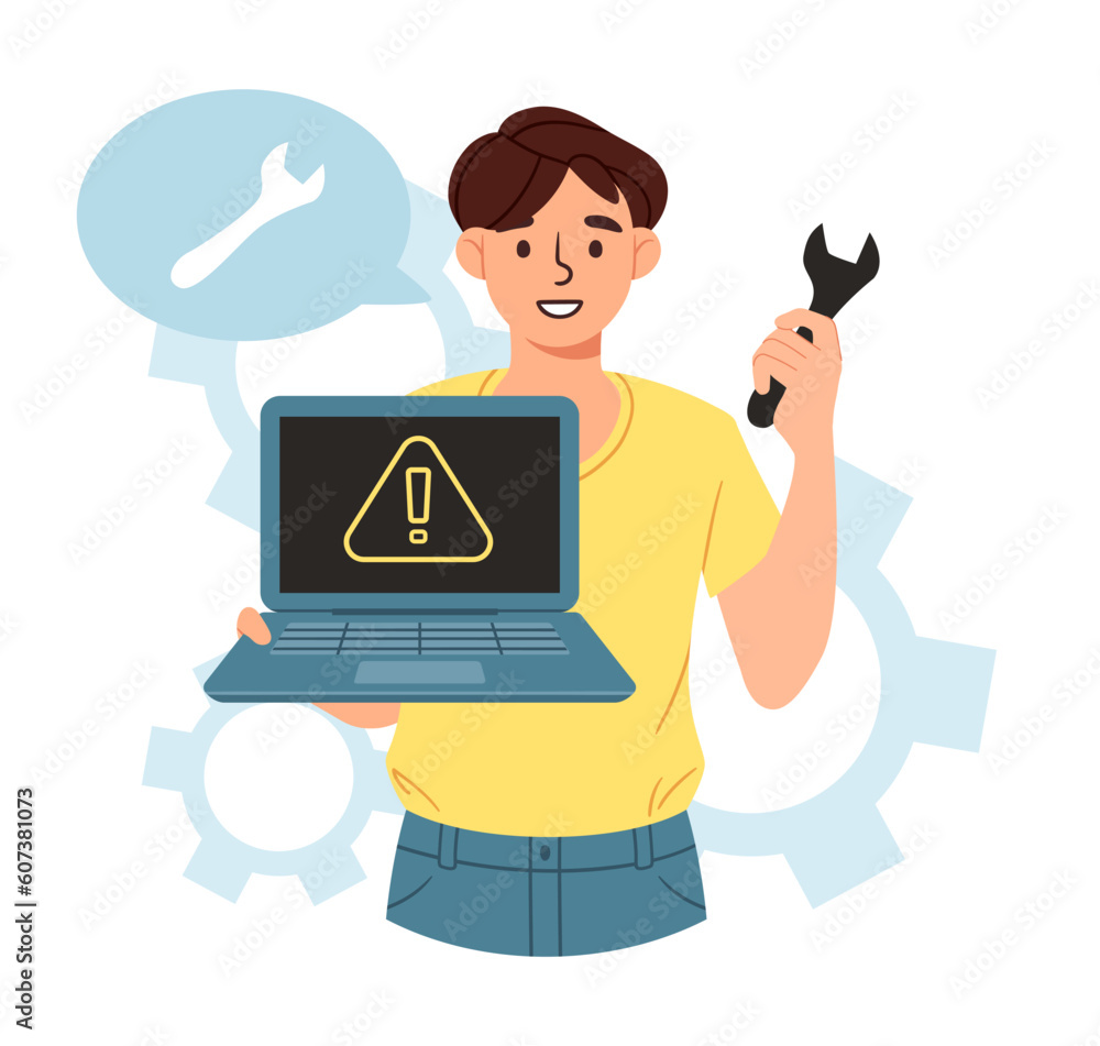 Man with broken computer. Young guy with laptop and key in his hand ...