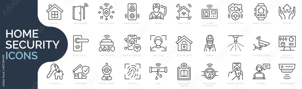 Set of line icons related to home security, house protection, smart ...