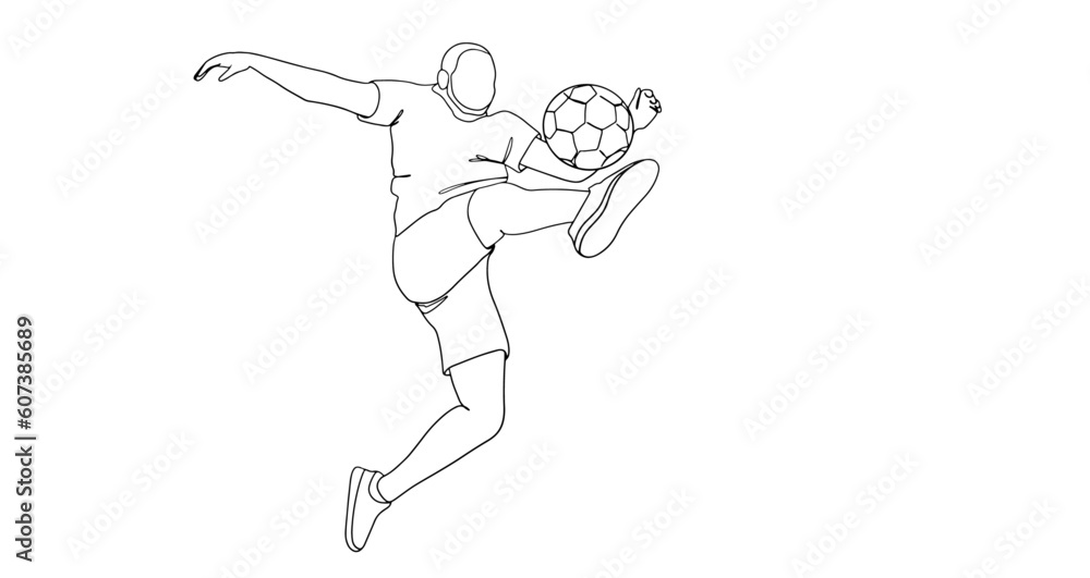Football player man jumping and kicking the ball in the air outline ...