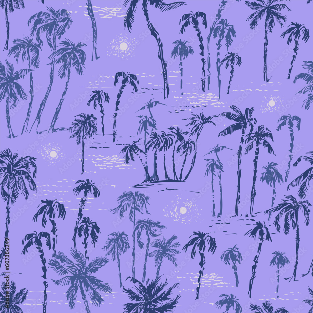 Hand drawn palm trees on the beach seamless pattern in purple colors ...