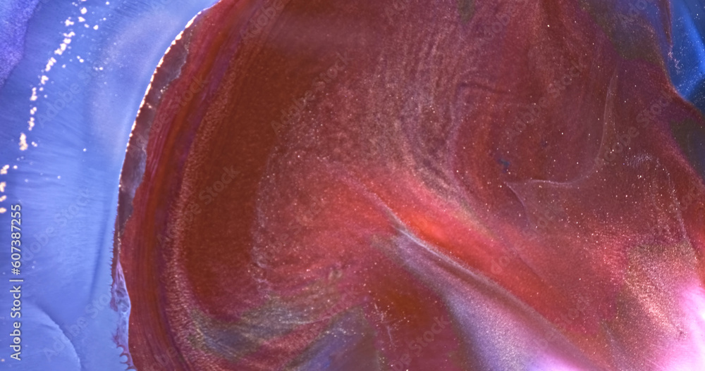 Solar pink-gold-blue paints splash. Pink gold ink blast on blue ...