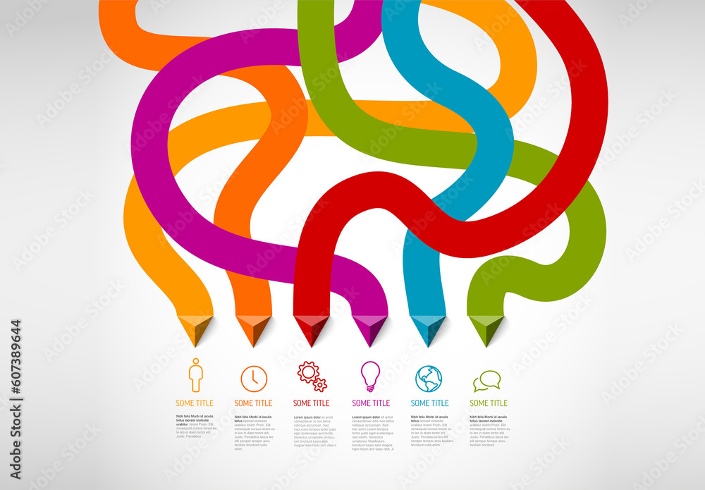 Simple light infographic with six items and solid stripes with arrows ...