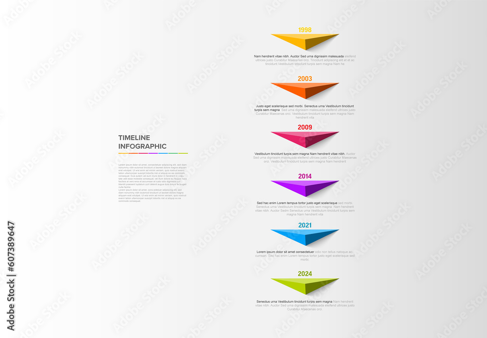 Timeline with six triangle arrow pointers on a vertical line Stock ...