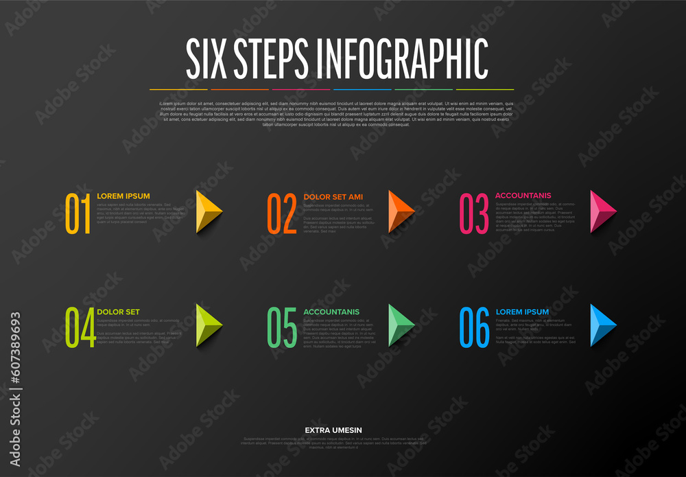 Six dark horizontal step items elements template with icons and ...