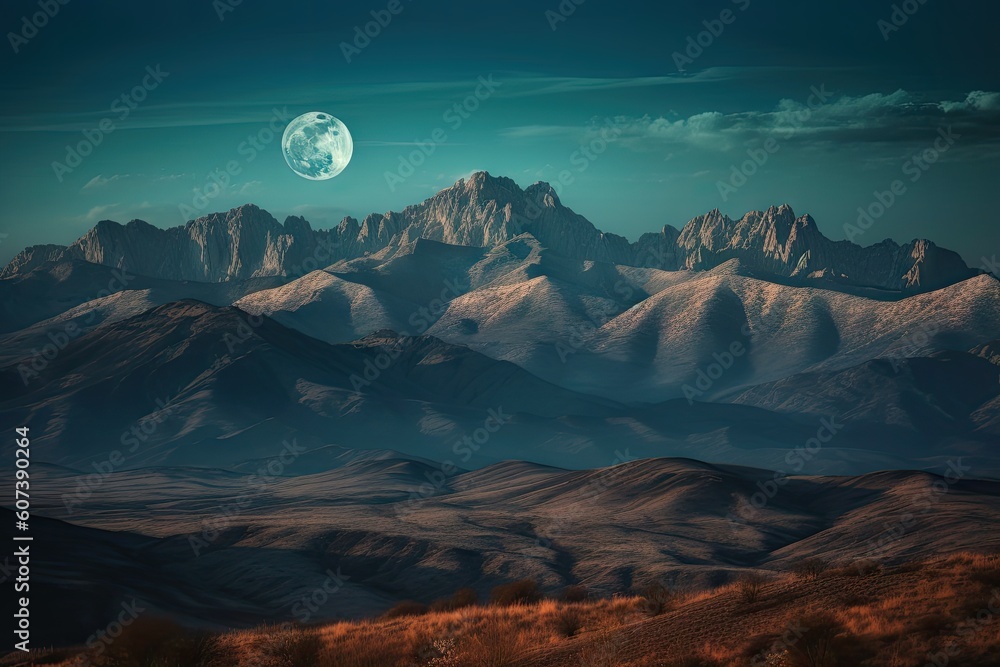 majestic mountain range with a full moon shining down on the peaks ...