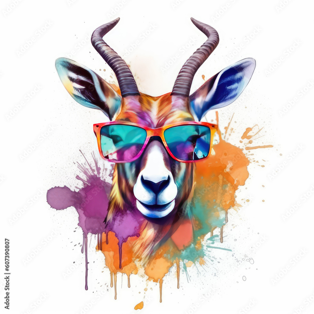 Springbok with sunglasses realistic, colorful watercolor splash ...