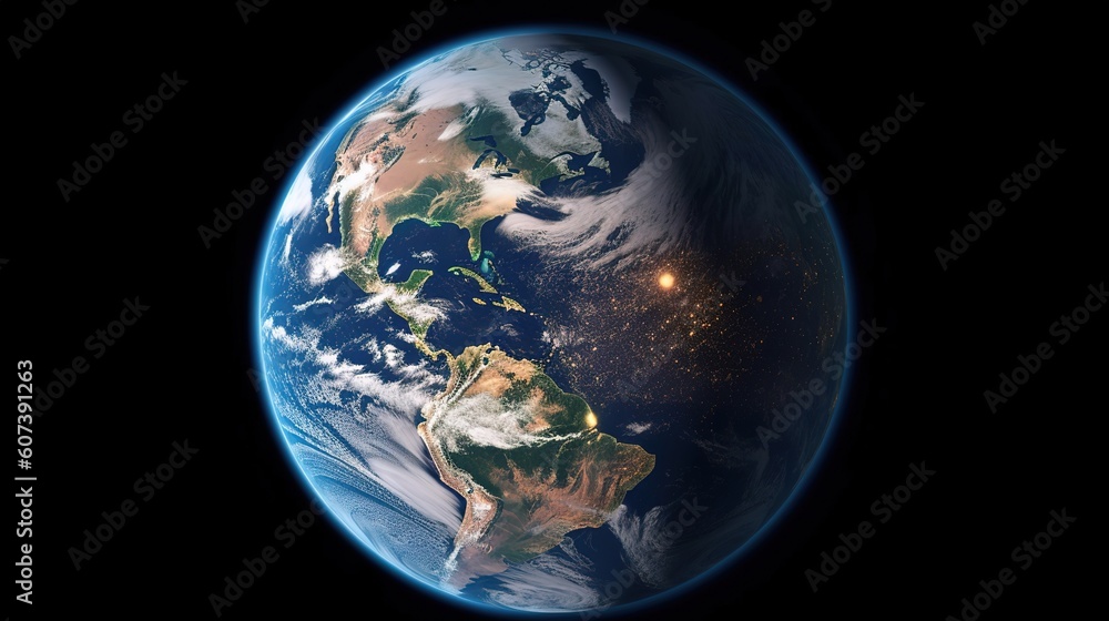 Planet Earth half night and half day with city lights and clouds in ...