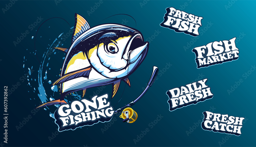 Tuna fishing logo vector illustration. Tuna fishing emblem isolated ...