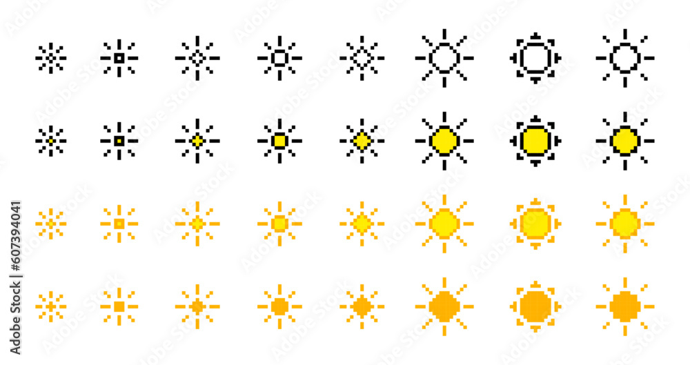 Poster pixel icon sun, brightness icon sheet, 8 bit isolated pixelated ...