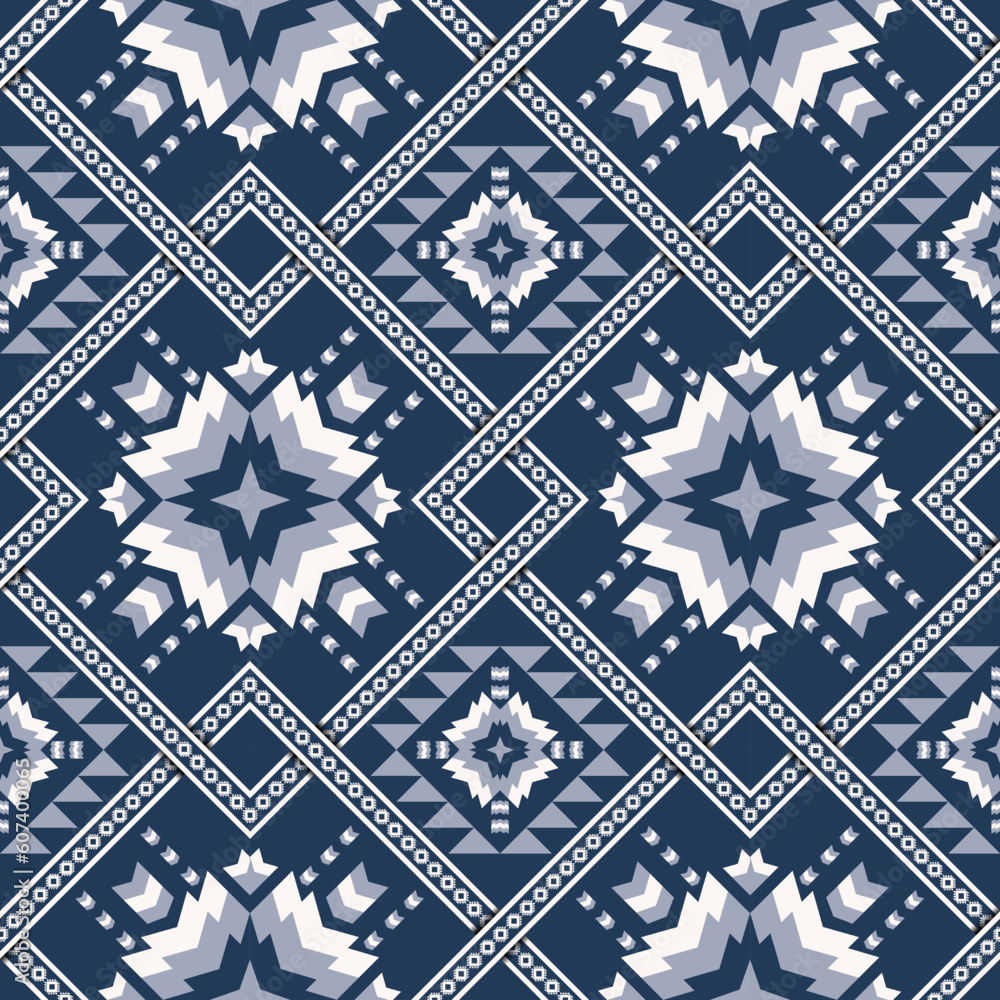 Blue color ethnic geometric pattern. Vector ethnic geometric square ...