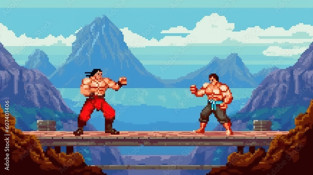 A retro computer game fighter level. Pixel art arcade video. Generative ...