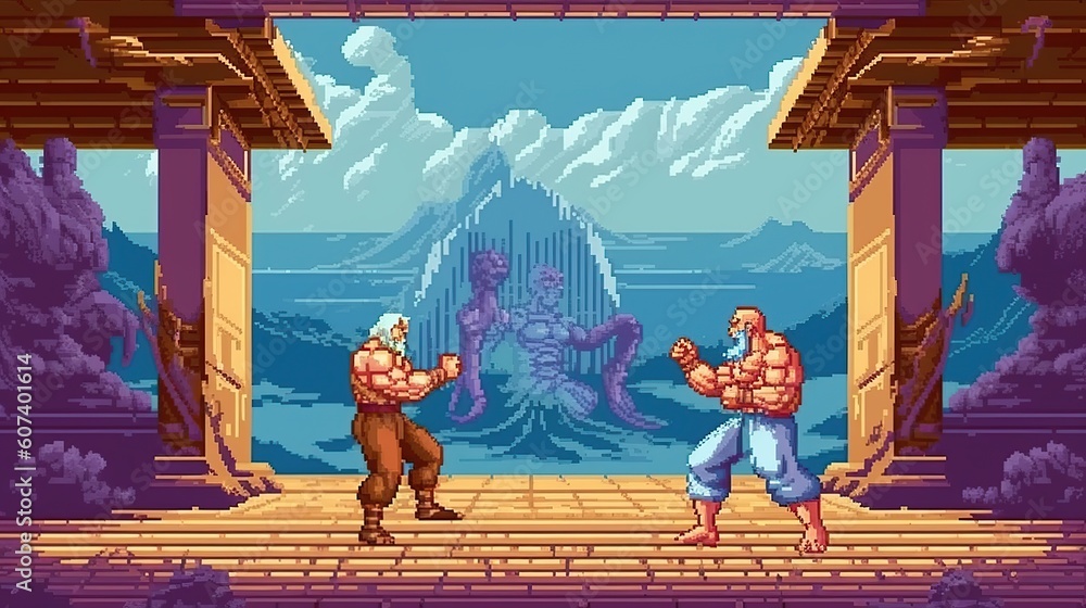 A retro computer game fighter level. Pixel art arcade video. Generative ...