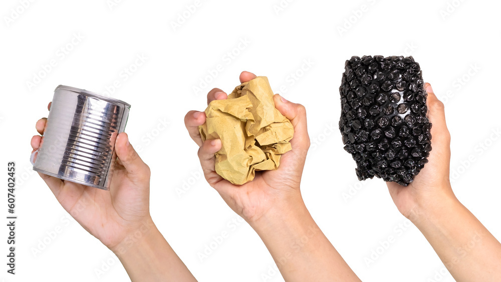 Human hands holding trash cans, paper and bubble wrap for recycling ...