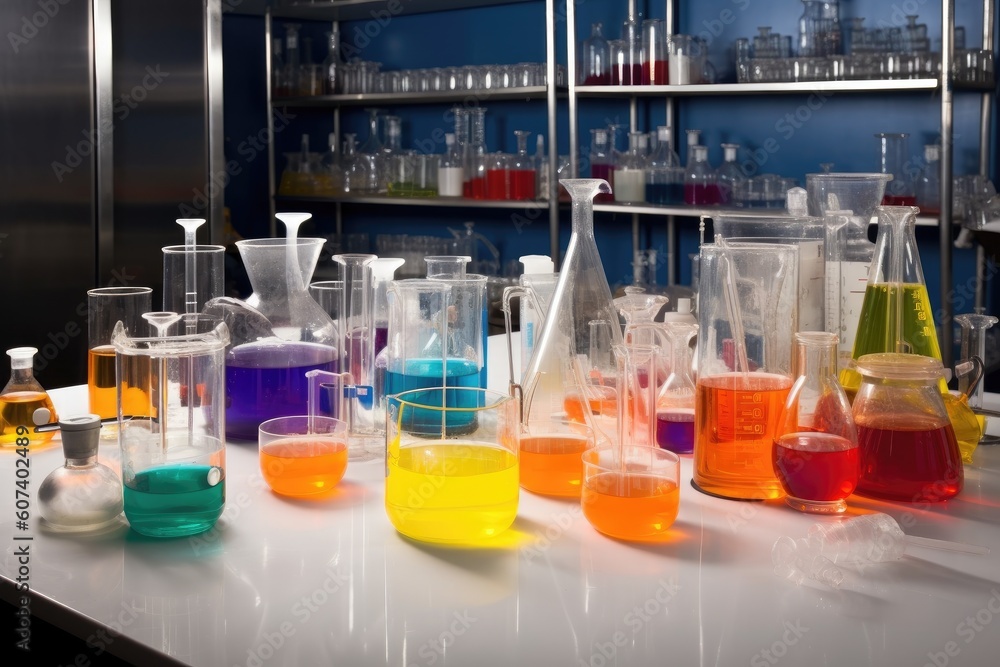 science lab with a variety of flasks and beakers for mixing chemical ...