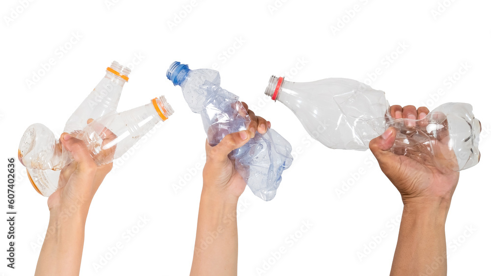 Human hand-holding waste plastic bottles for recycling, Environmental ...