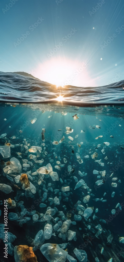 Plastic bags littering the ocean are floating in the under water. An ...