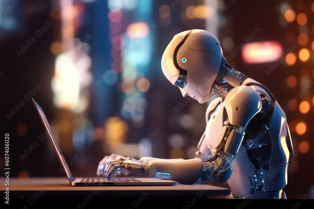 Ai robot using laptop at office background. Technology future concept ...