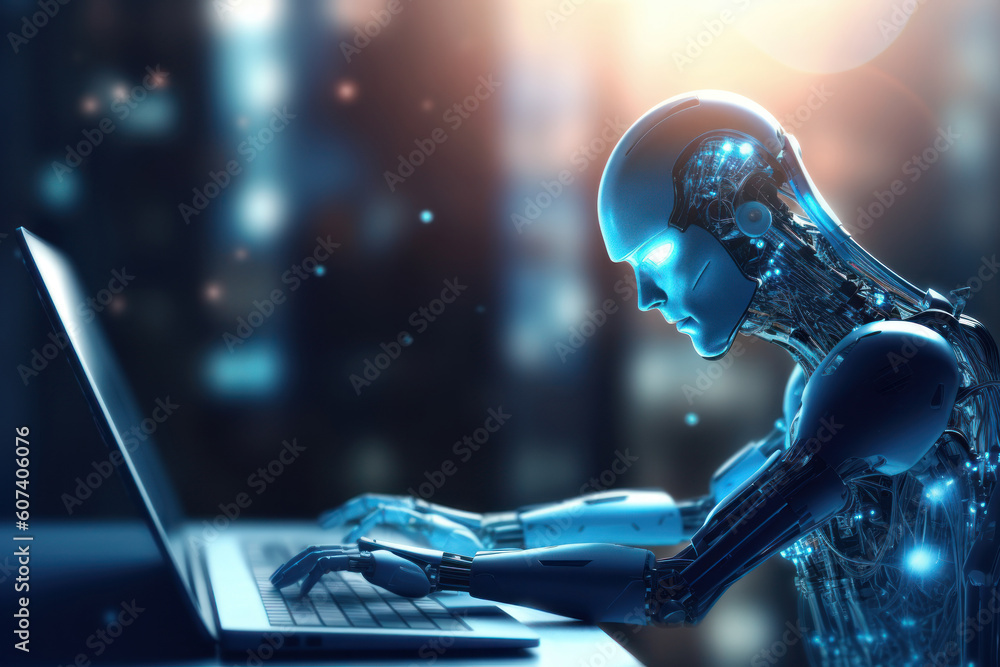 Ai robot using laptop at office background. Technology future concept ...