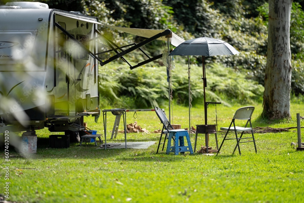 Caravan camping at a camp ground off grid on a holiday in spring Stock ...