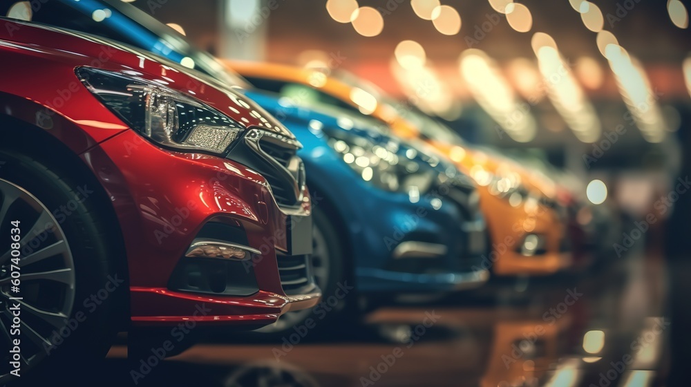 Blurred background of new cars displayed in luxury showroom with light ...