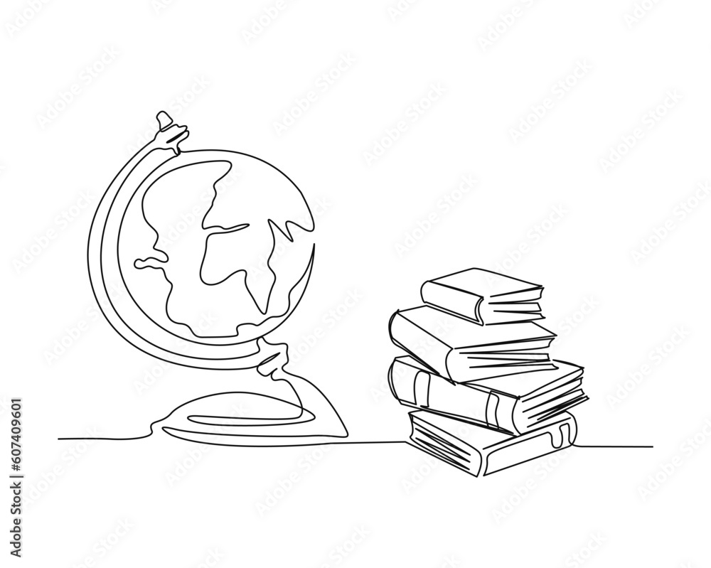 Continuous one line drawing of books and globe. Globe and books line ...