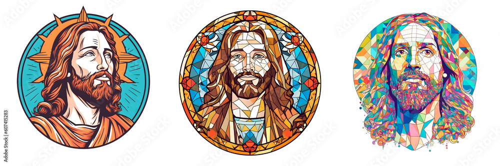 set of three stylized portraits of Jesus Christ on a transparent ...