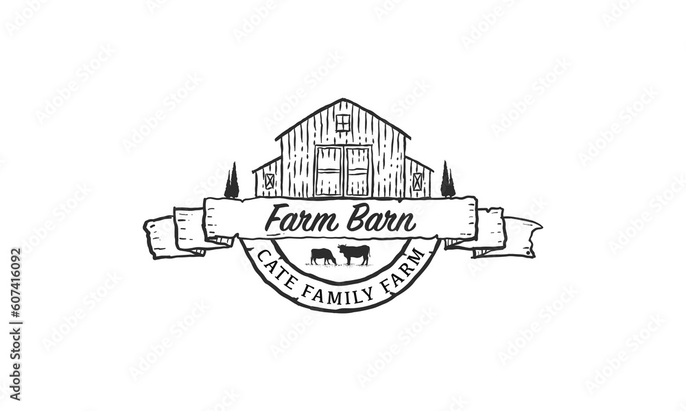 Farm Barn concept logo. Template with farm landscape. Label for natural ...