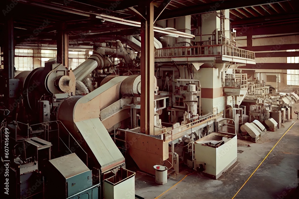 pulp and paper manufacturing plant, with conveyor belts and machines ...